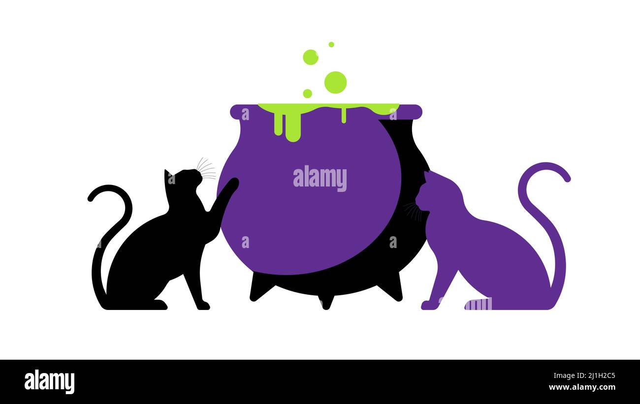 Black cats and cauldron with magic potion. The concept of witchcraft ...