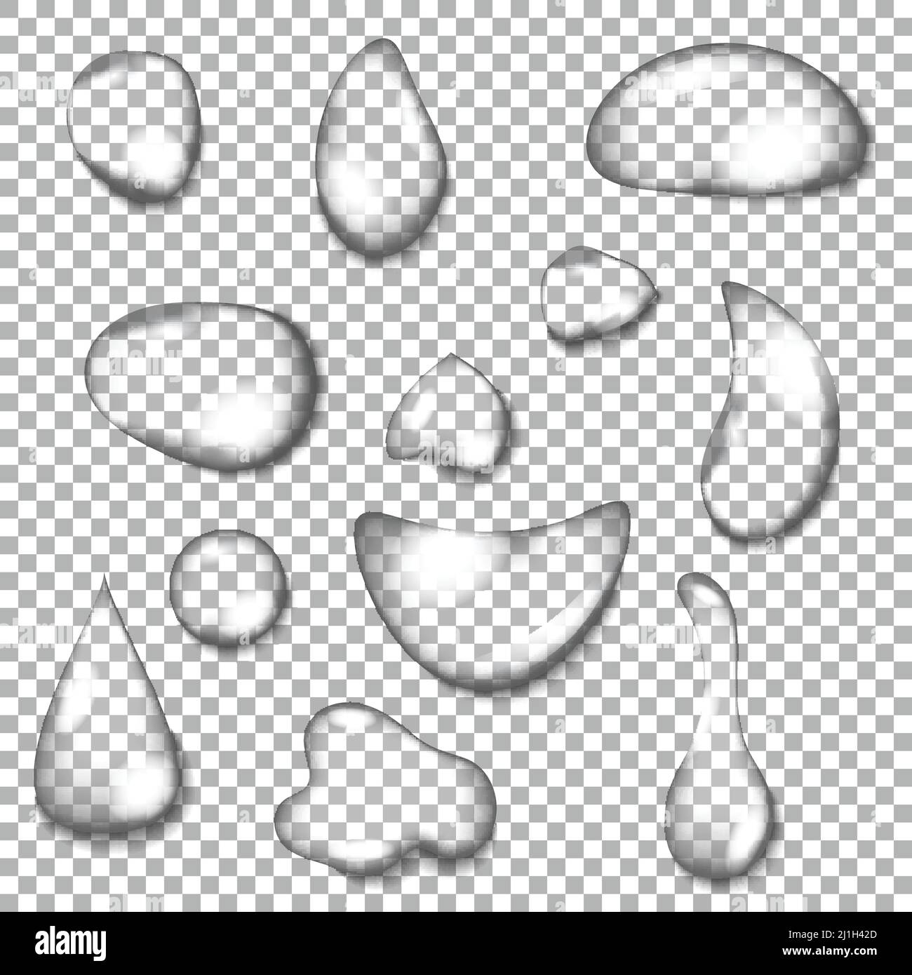 Set of water drops of different shape with flares on transparent ...