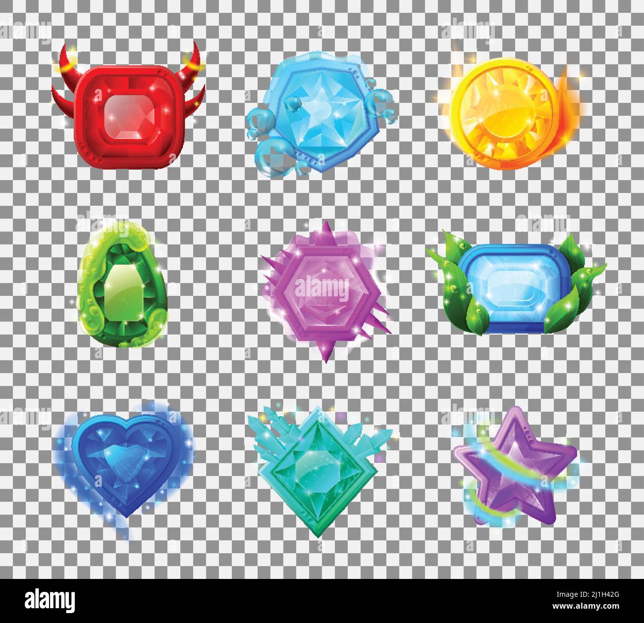 Web game magic gems with crystals and horns leaves and fire on ...
