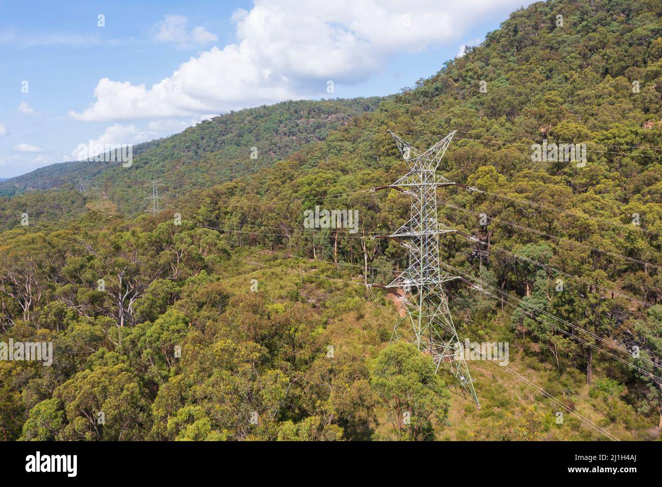 Drone aerial photograph of large steel Transmission Towers and lines ...