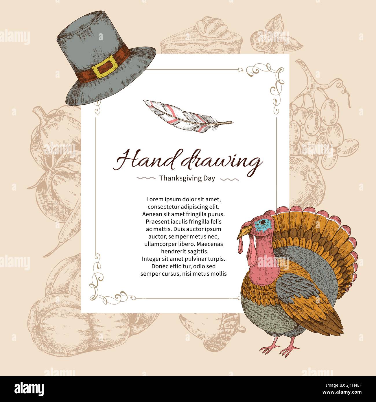 Thanksgiving day letter template with decorative frame hat turkey on ...