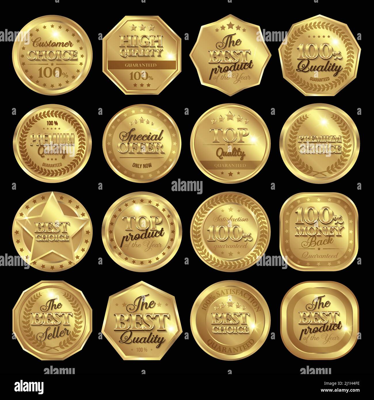Isolated realistic golden medals set of different shape and engraving ...