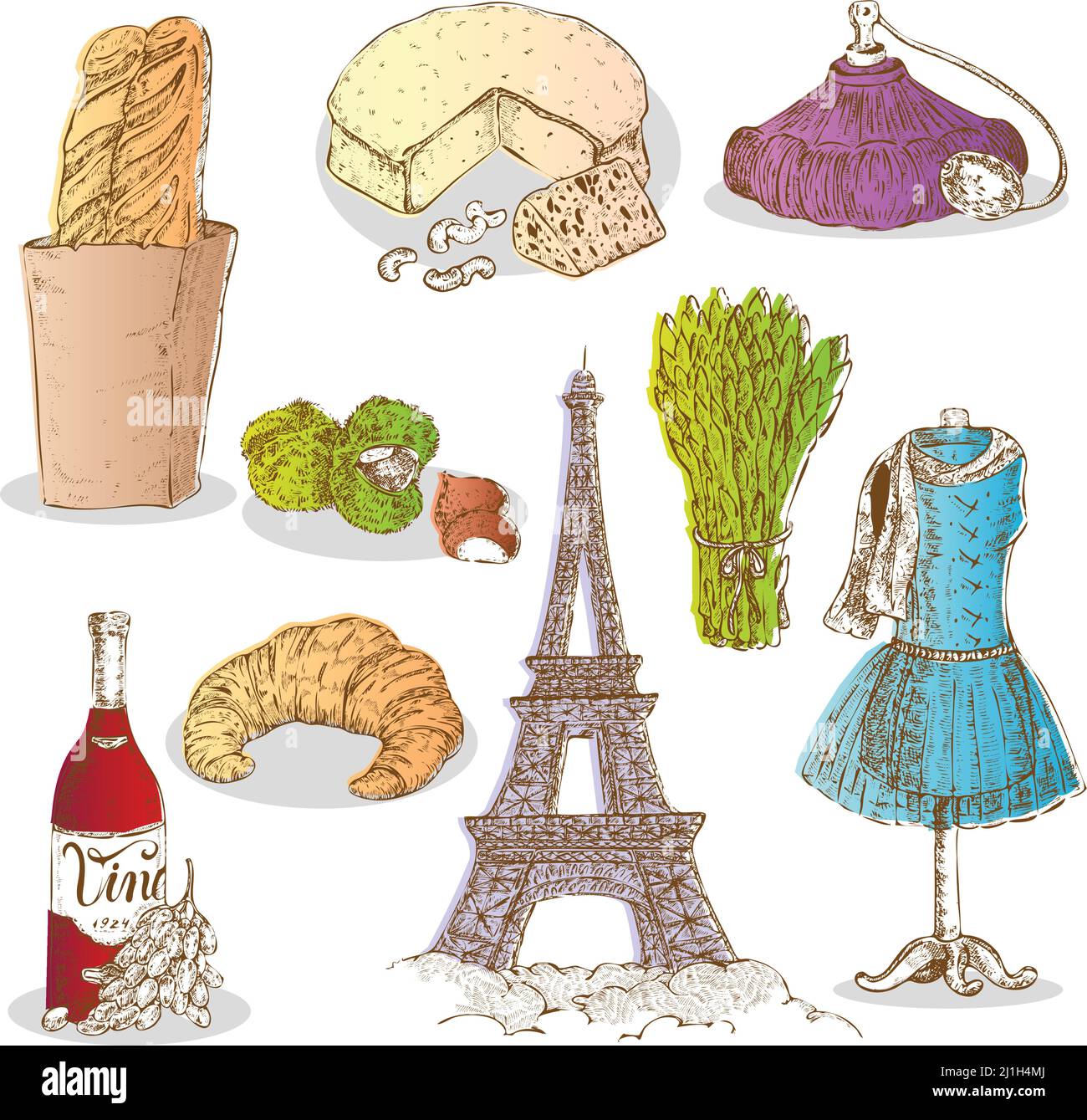 Isolated hand drawn french symbols set with various french food wine ...