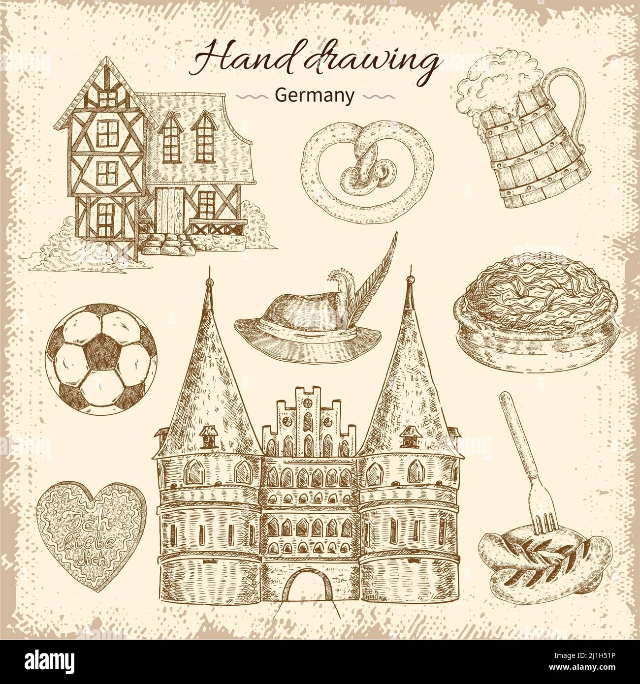 Hand drawn germany decorative icons set with isolated images of german ...