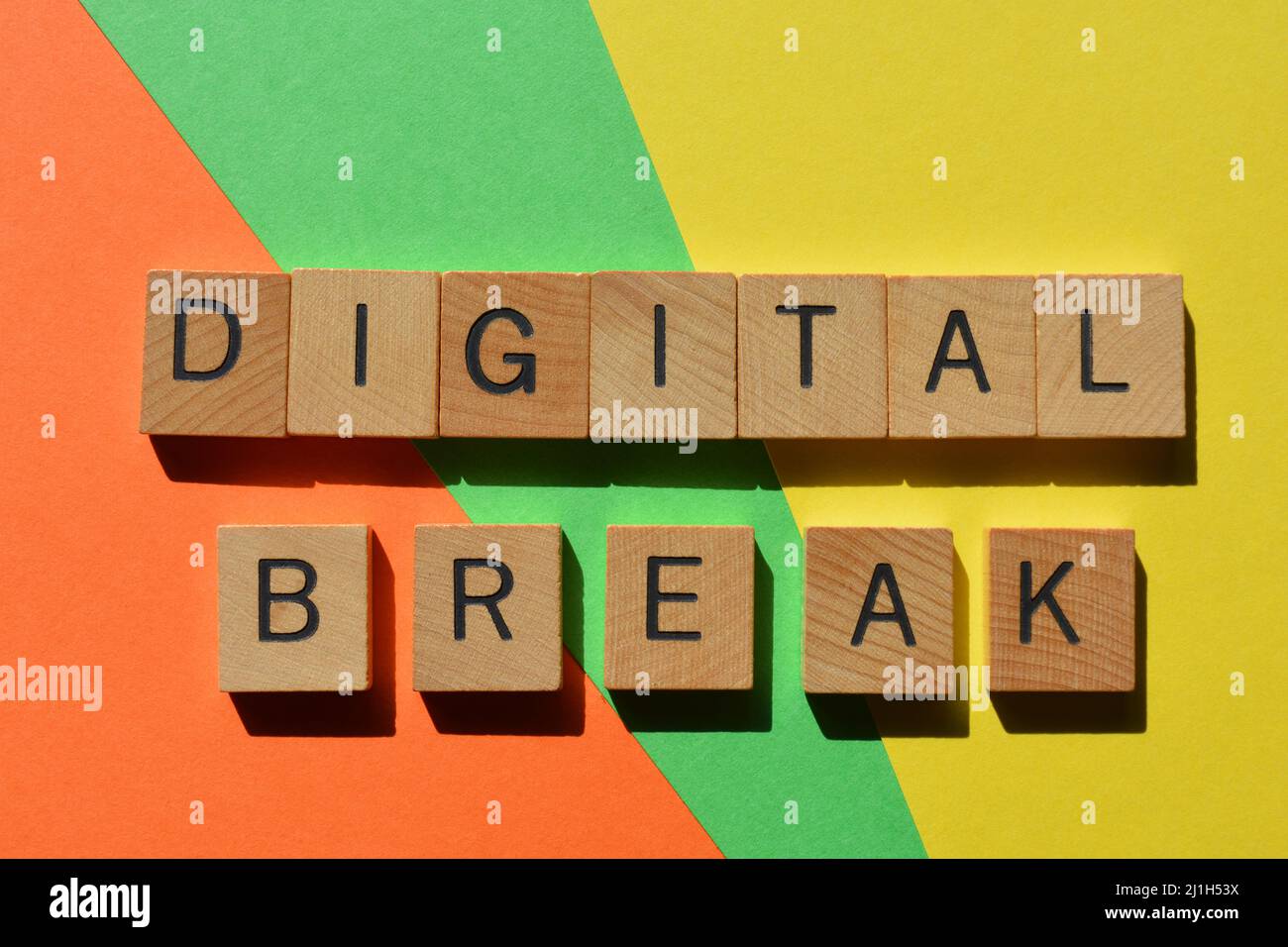 Digital Break, words in wooden alphabet letters isolated on colourful ...