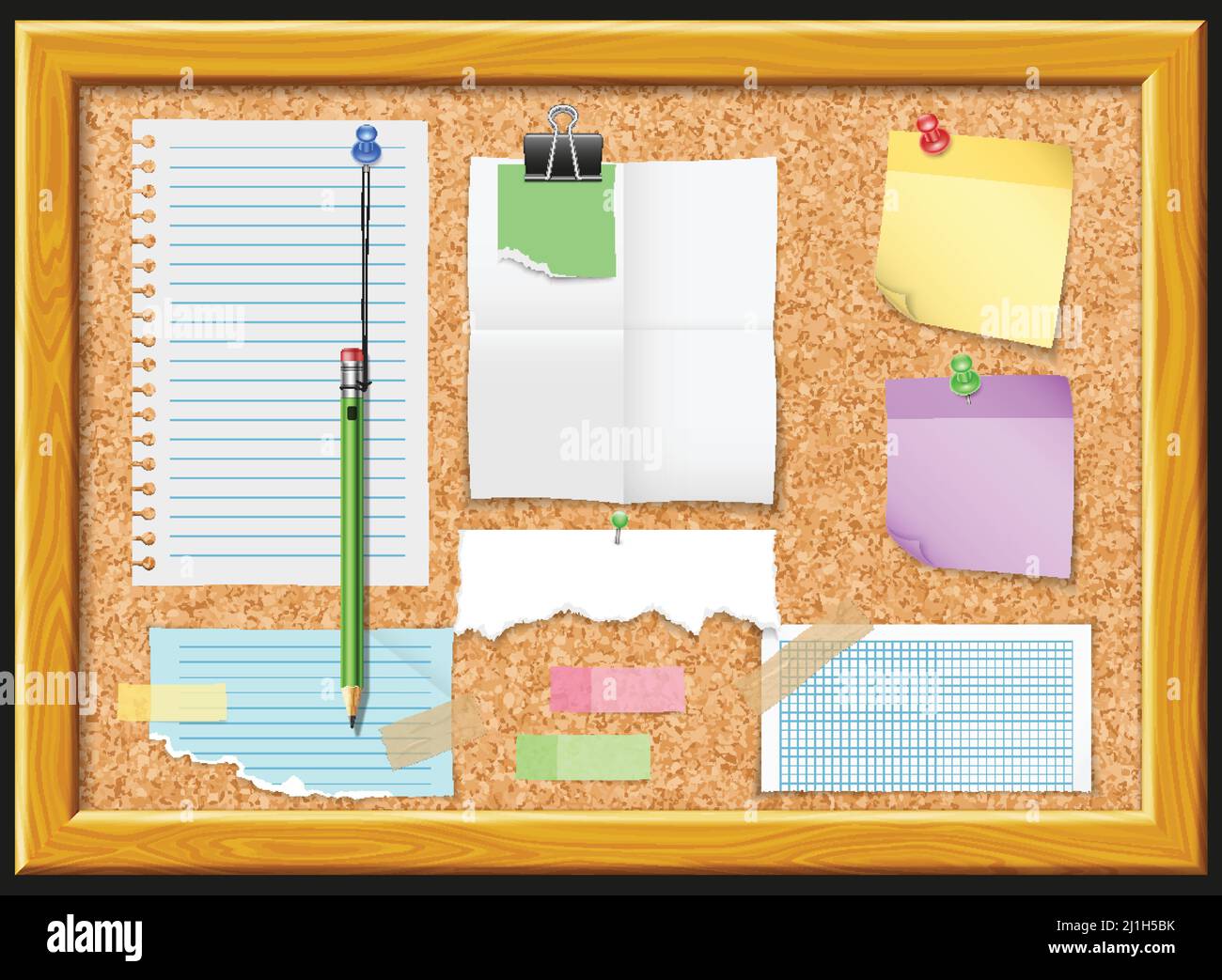 Cork board and note papers design with pencil clip and tacks photos on ...