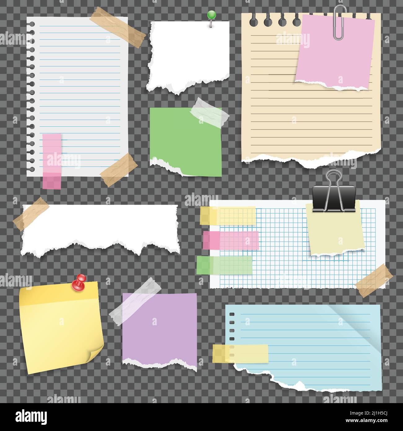 Note papers set with pins sticky bookmark clip binder and scotch on ...