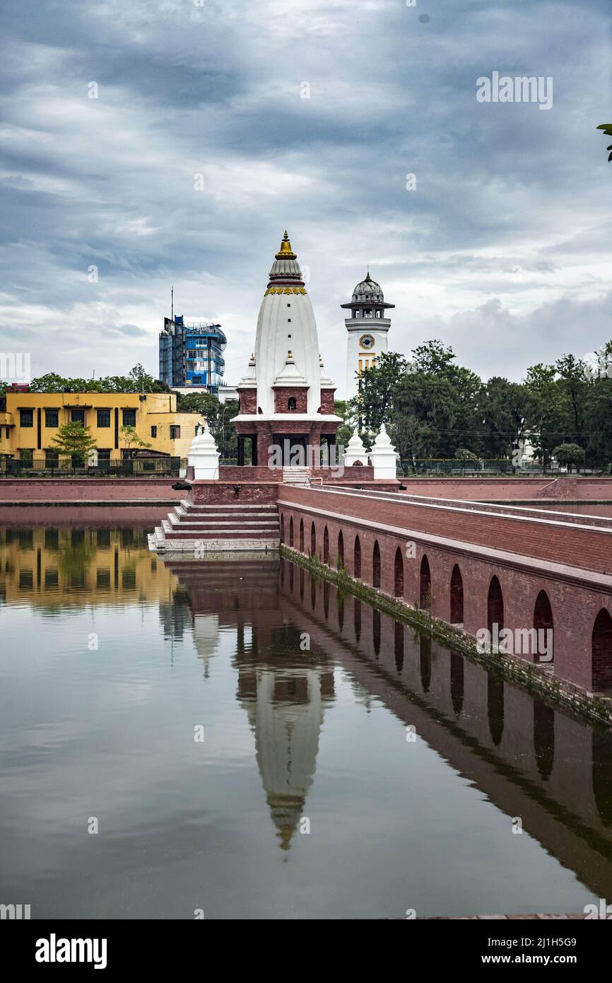 A scenic temple and pond, Rani Pokhari in the heart of Kathmandu, Nepal ...
