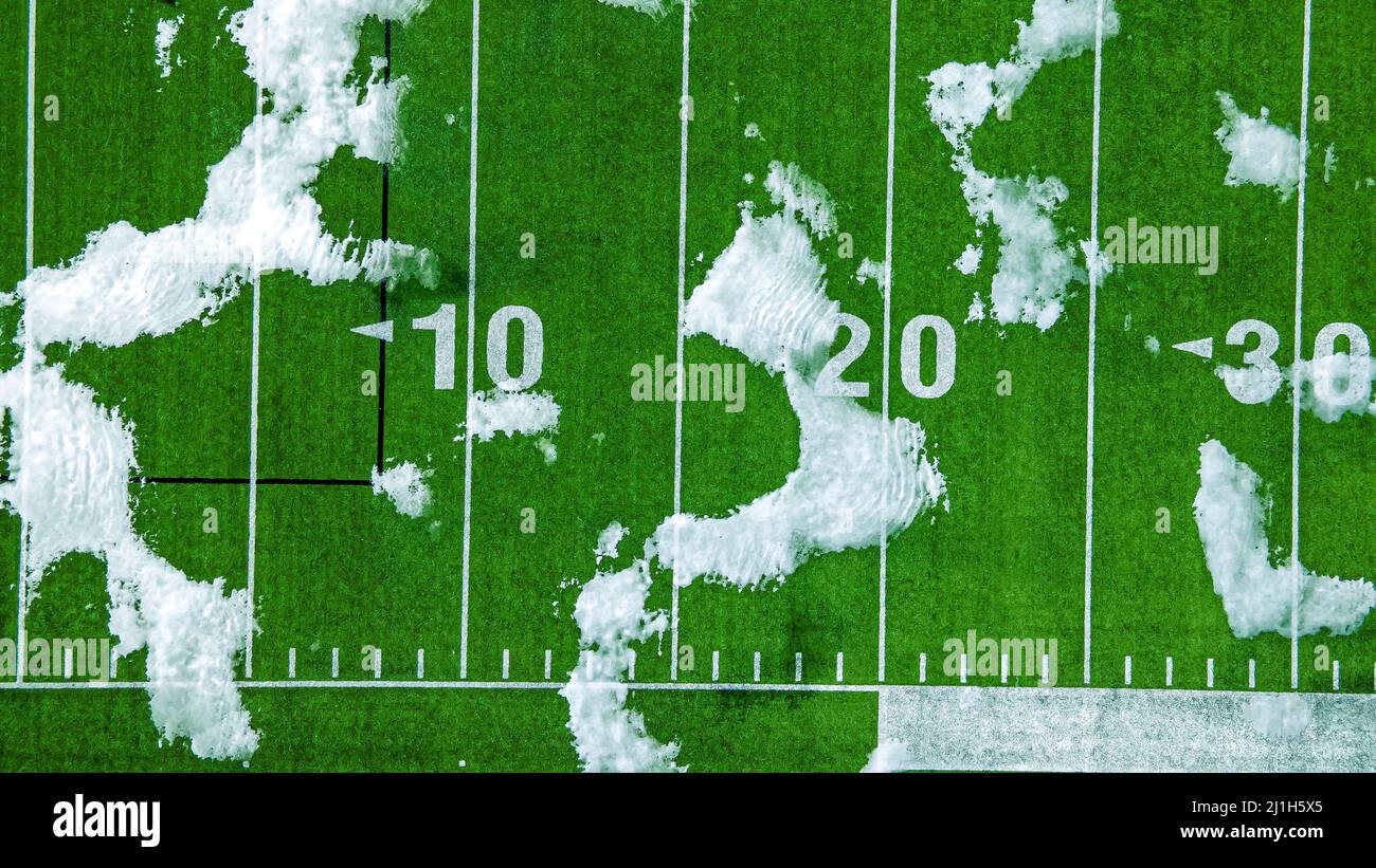 Aerial of snow covered football field Stock Photo - Alamy