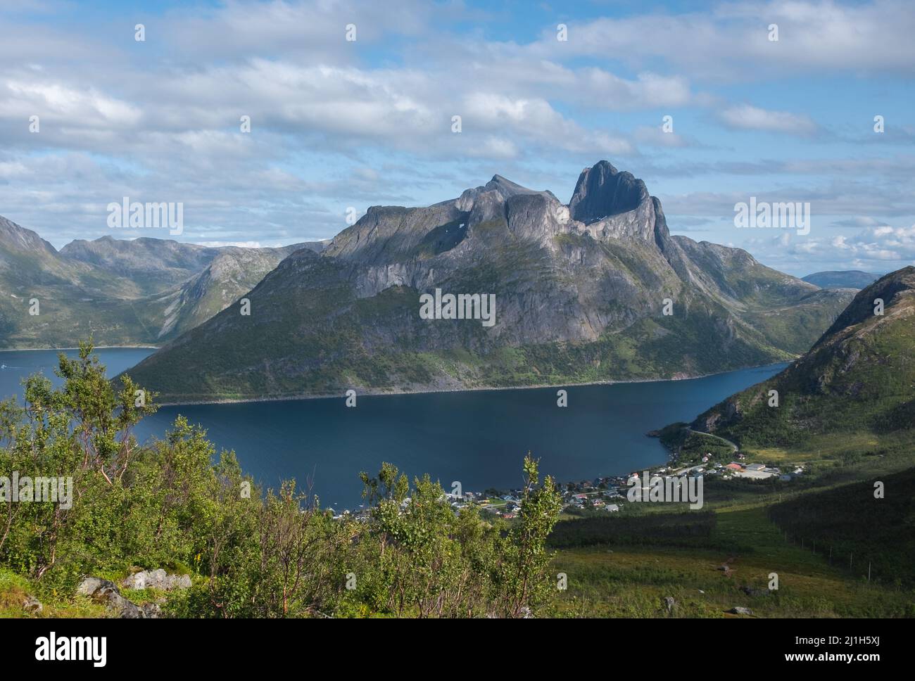 View on Fjordgard from Segla hike in Senja with mountain in the back ...