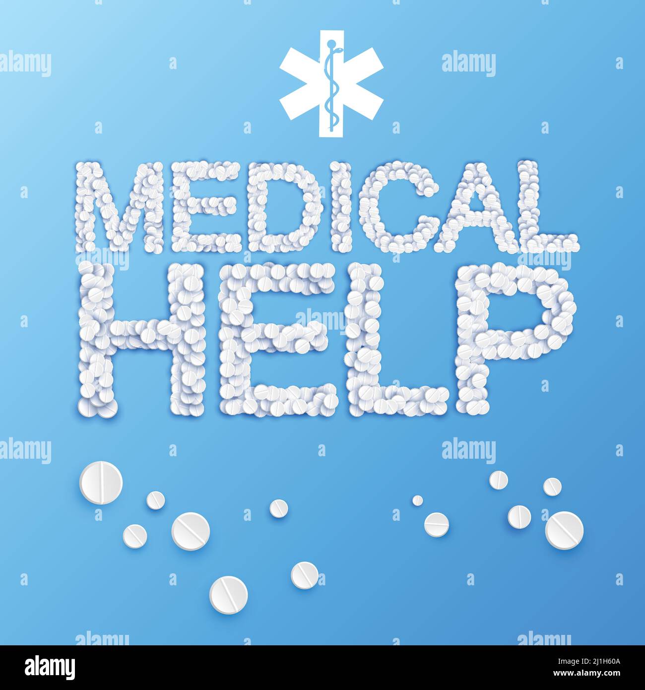Light medicine background with medical help inscription from pills and ...