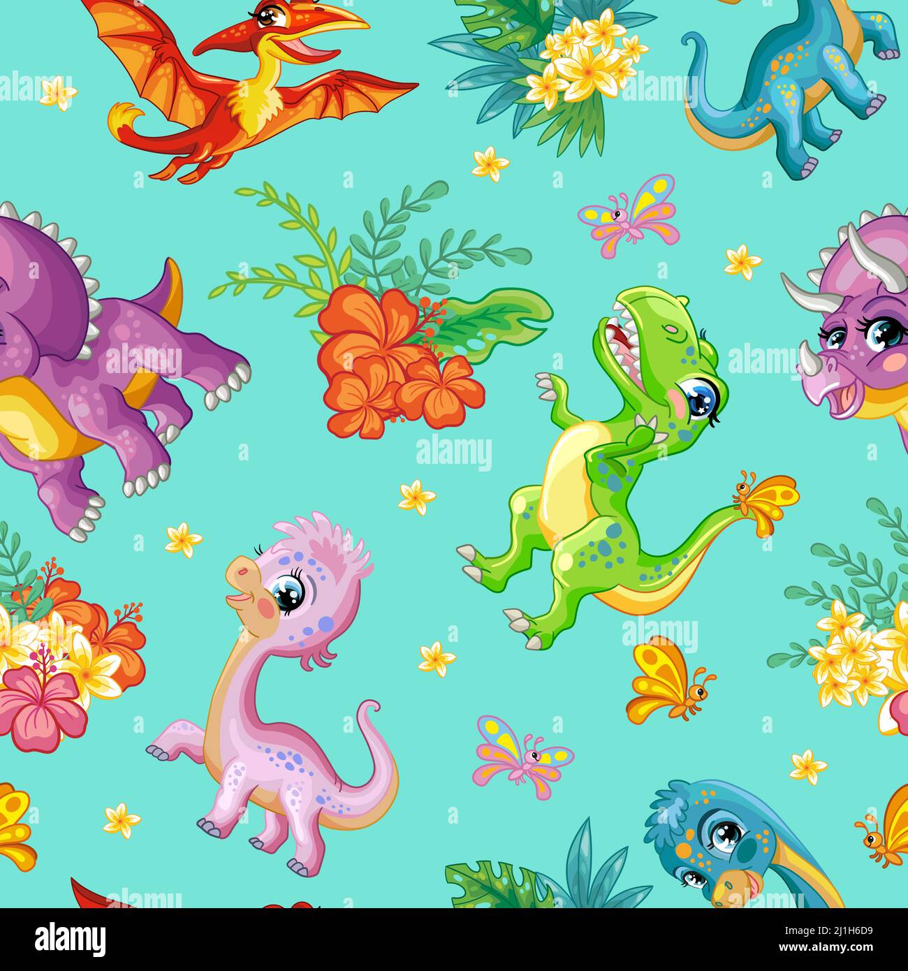 Tropical seamless pattern with friendly dinosaurs and exotic flowers ...