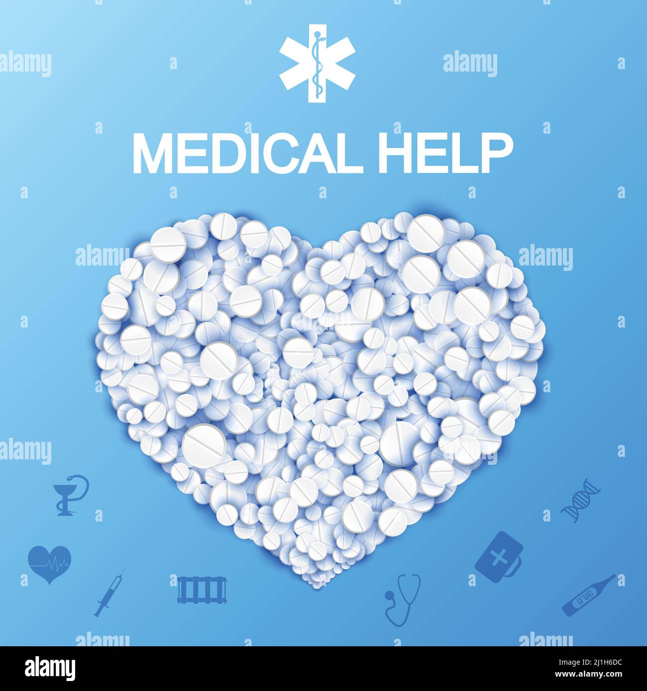 Abstract medical help template with heart shape from pills and drugs on ...