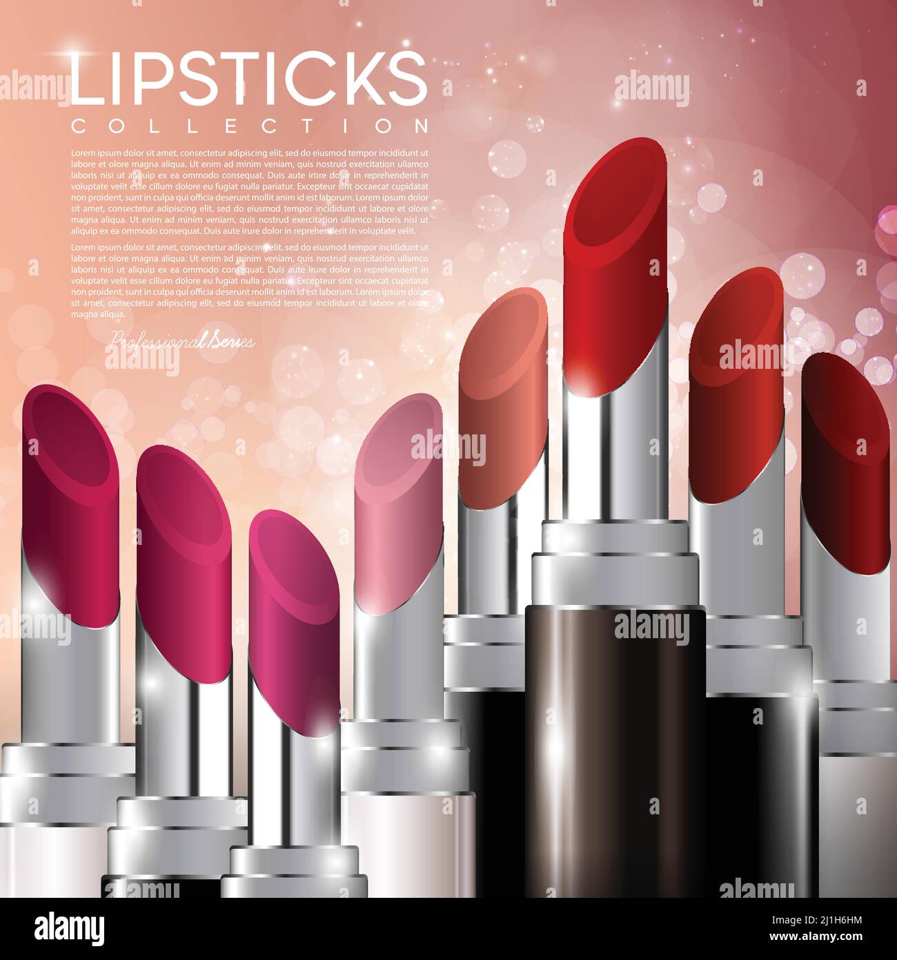 Realistic premium cosmetic poster with lipsticks of different colors on light blurred background ...