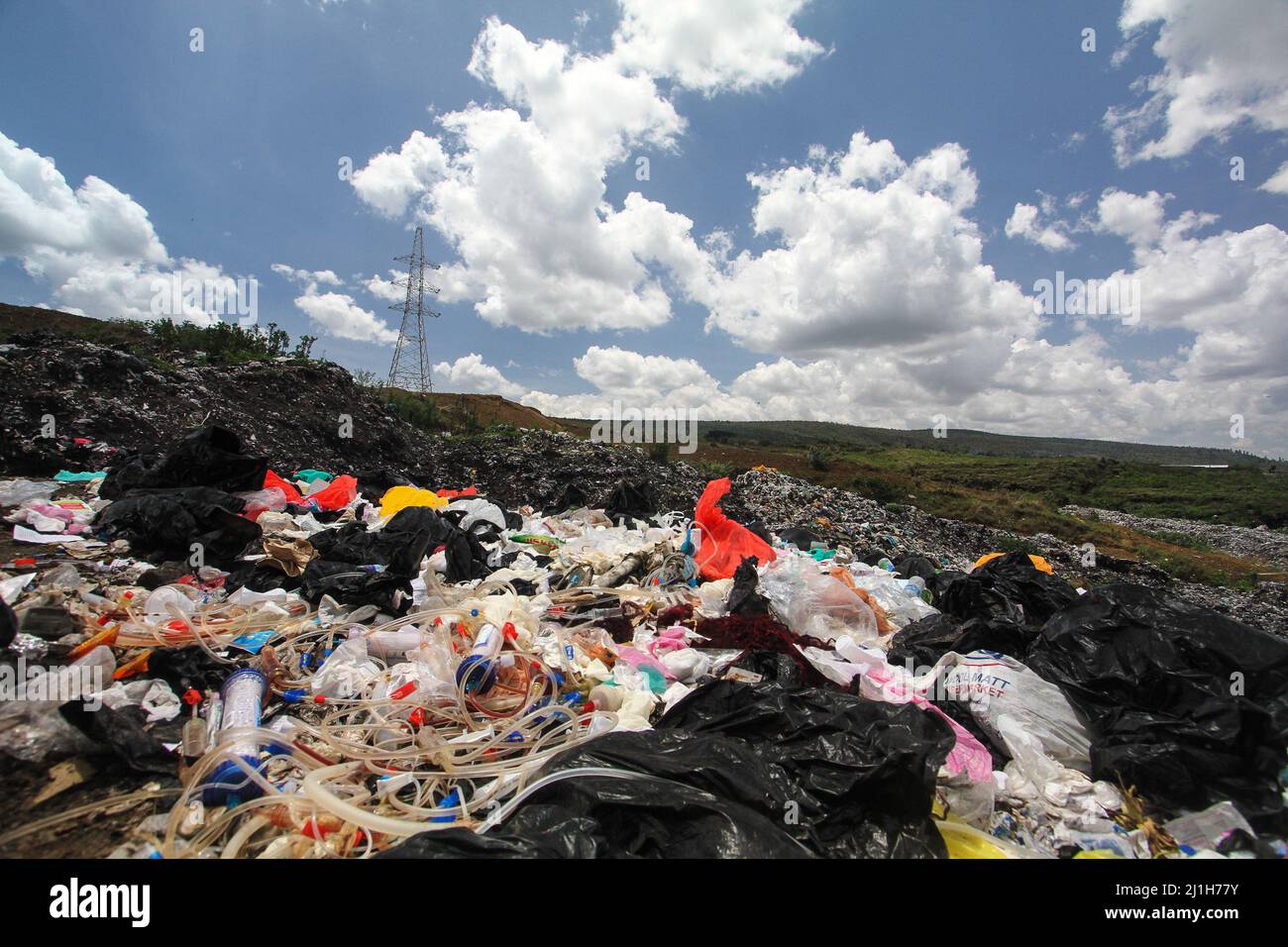 Blood dialysis tubes are seen amongst other medical wastes at Gioto ...