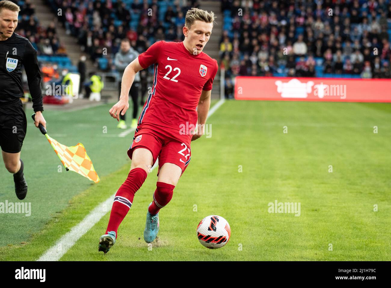 Oslo, Norway. 25th Mar, 2022. Marcus Holmgren Pedersen (22) of Norway seen during a football ...