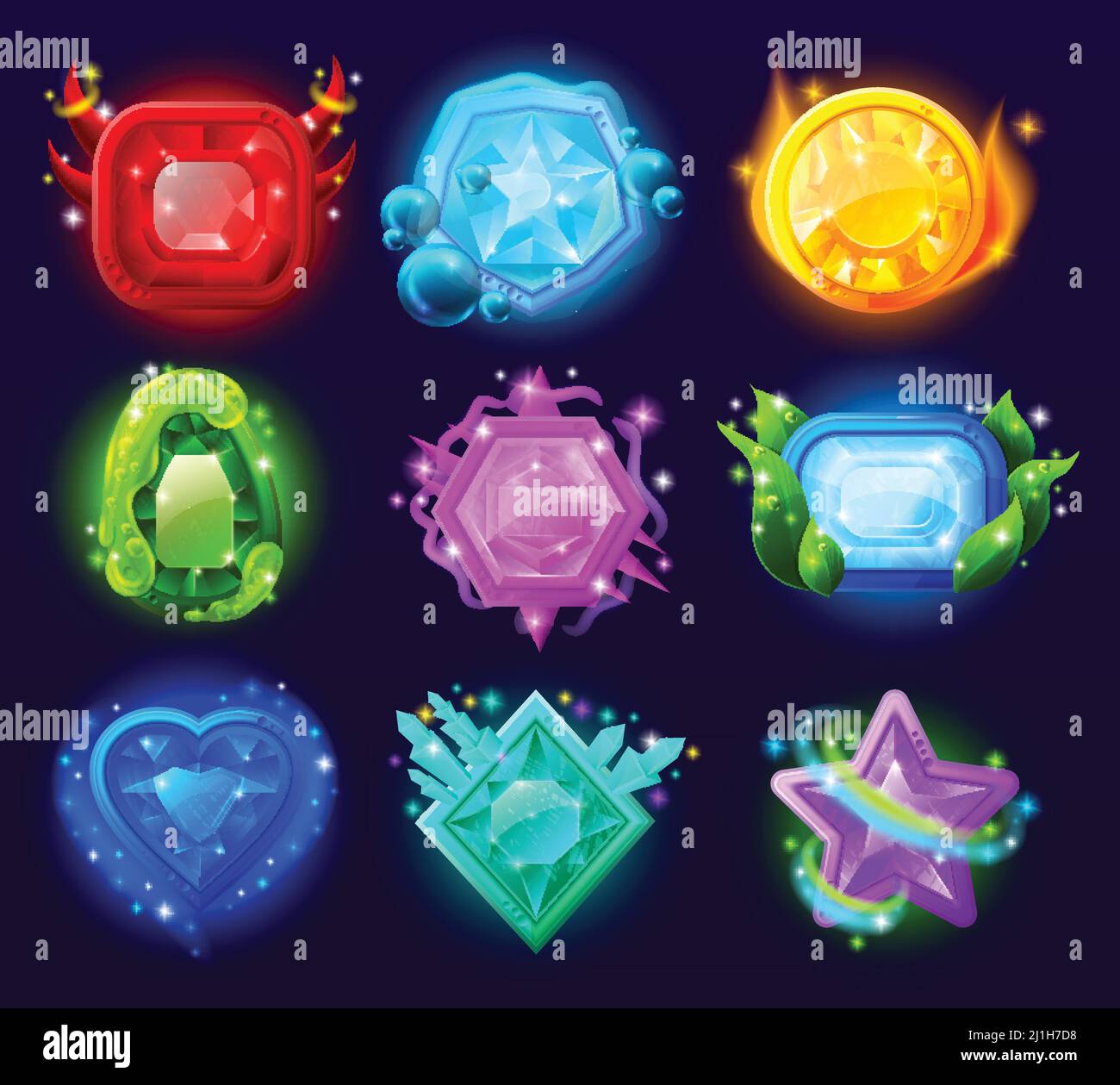 Computer game magic gems set with different effects on black background ...