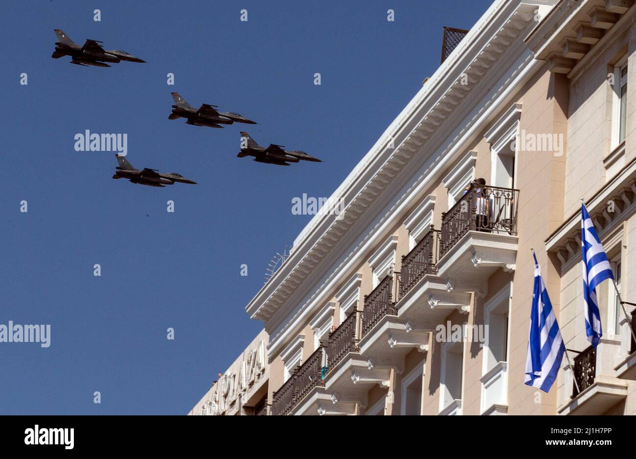 Athens, Greece. 25th Mar, 2022. Fighter jets fly over a military parade ...