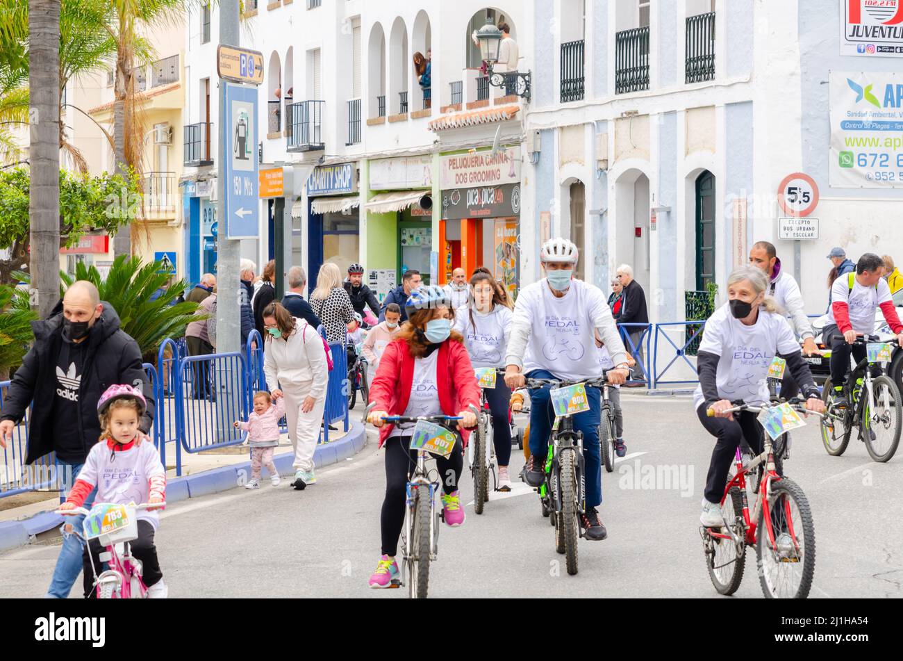 NERJA, SPAIN - 28 FEBRUARY 2022 Spanish Bicycle Day, promoting a ...
