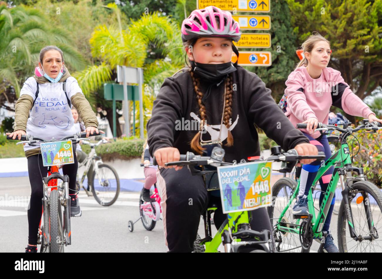 NERJA, SPAIN - 28 FEBRUARY 2022 Spanish Bicycle Day, promoting a ...