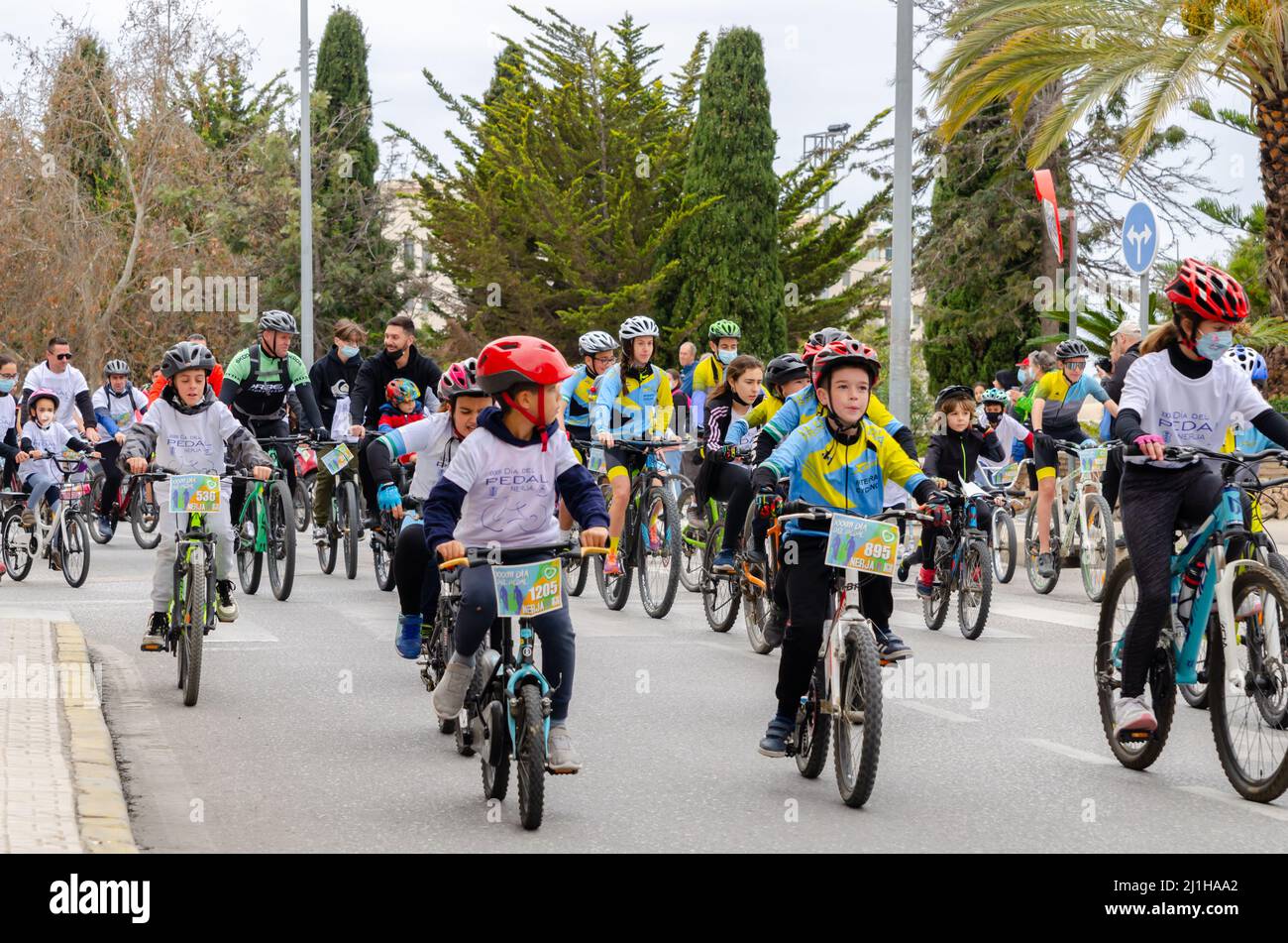 NERJA, SPAIN - 28 FEBRUARY 2022 Spanish Bicycle Day, promoting a ...