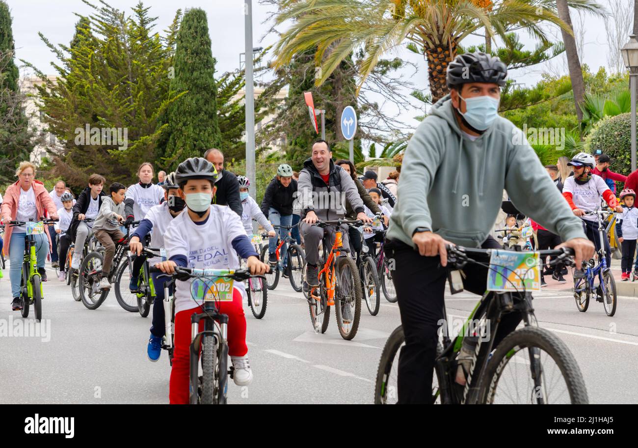 NERJA, SPAIN - 28 FEBRUARY 2022 Spanish Bicycle Day, promoting a ...