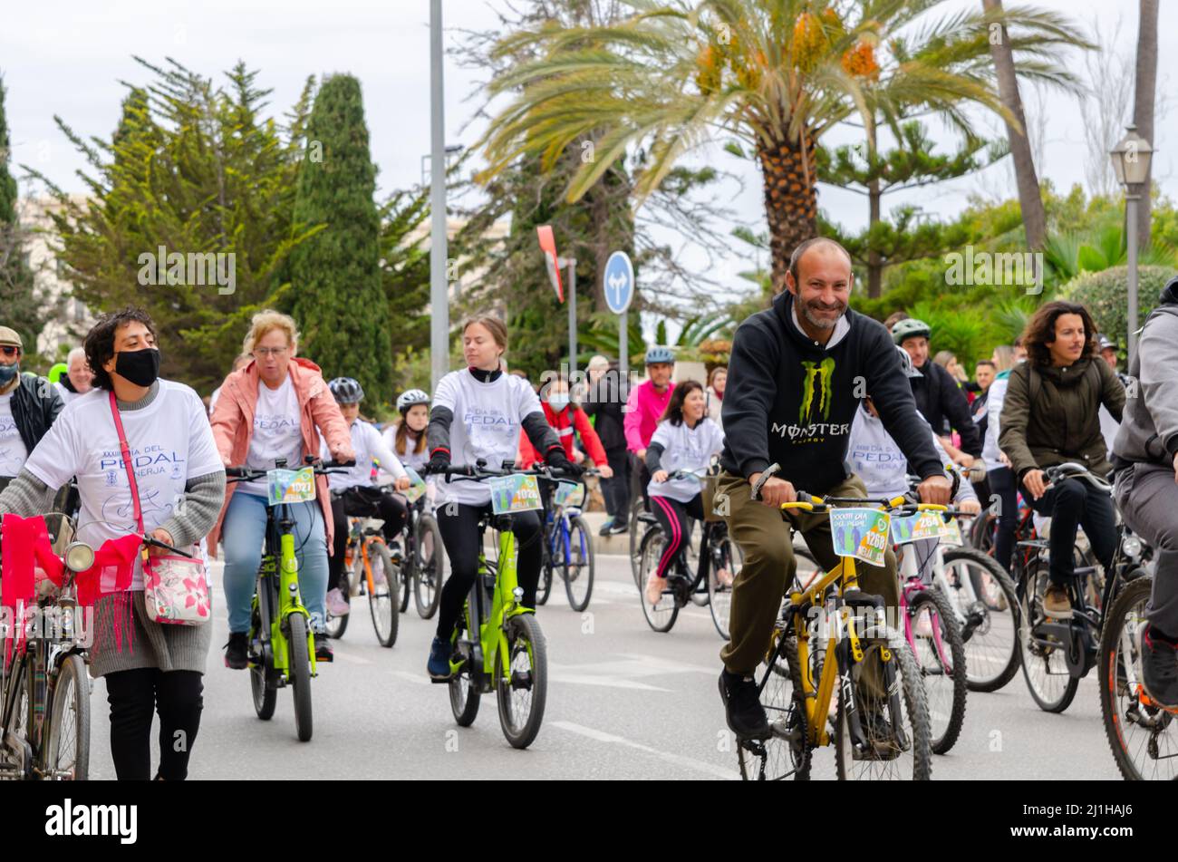 NERJA, SPAIN - 28 FEBRUARY 2022 Spanish Bicycle Day, promoting a ...