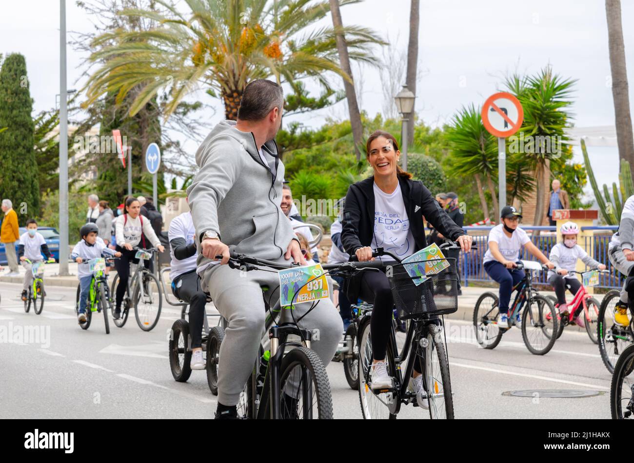 NERJA, SPAIN - 28 FEBRUARY 2022 Spanish Bicycle Day, promoting a ...