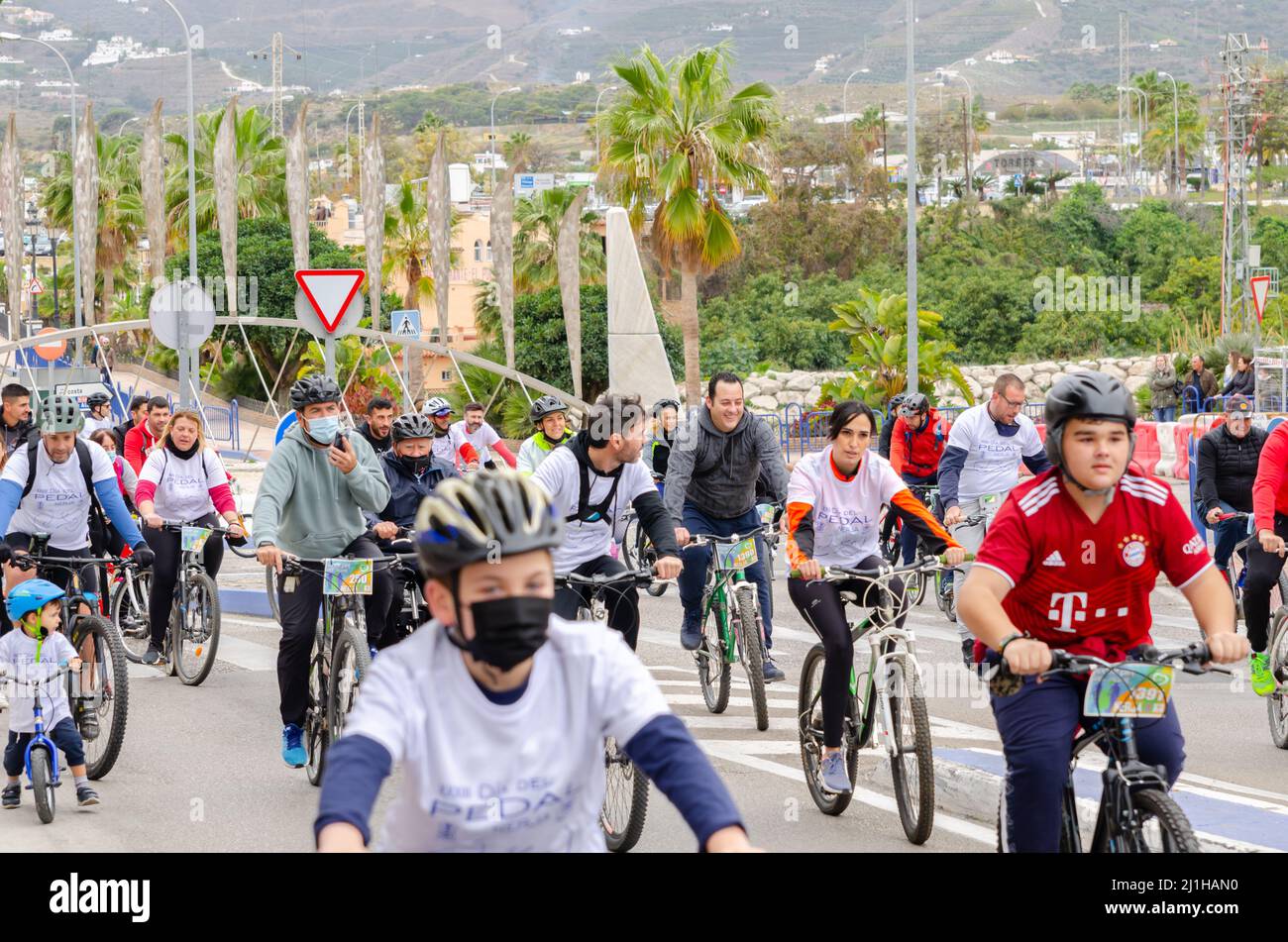 NERJA, SPAIN - 28 FEBRUARY 2022 Spanish Bicycle Day, promoting a ...