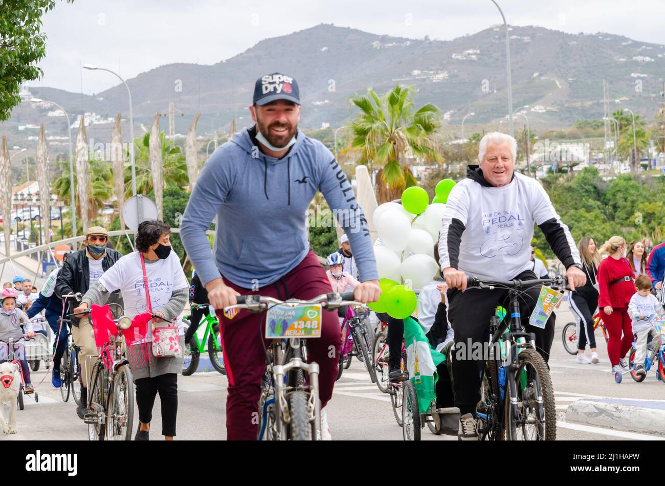 NERJA, SPAIN - 28 FEBRUARY 2022 Spanish Bicycle Day, promoting a ...
