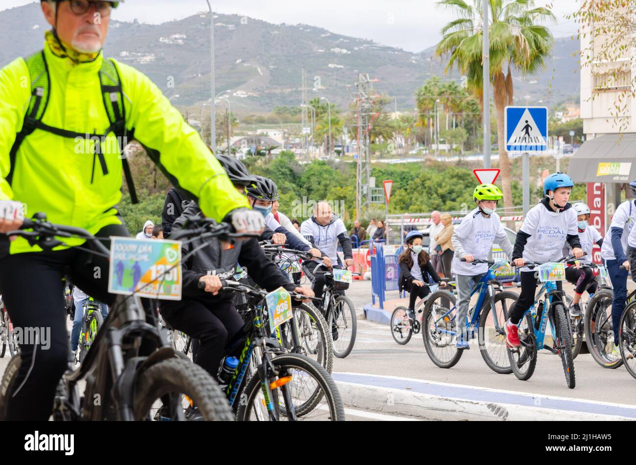 NERJA, SPAIN - 28 FEBRUARY 2022 Spanish Bicycle Day, promoting a ...