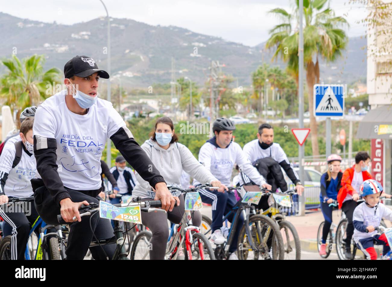 NERJA, SPAIN - 28 FEBRUARY 2022 Spanish Bicycle Day, promoting a ...