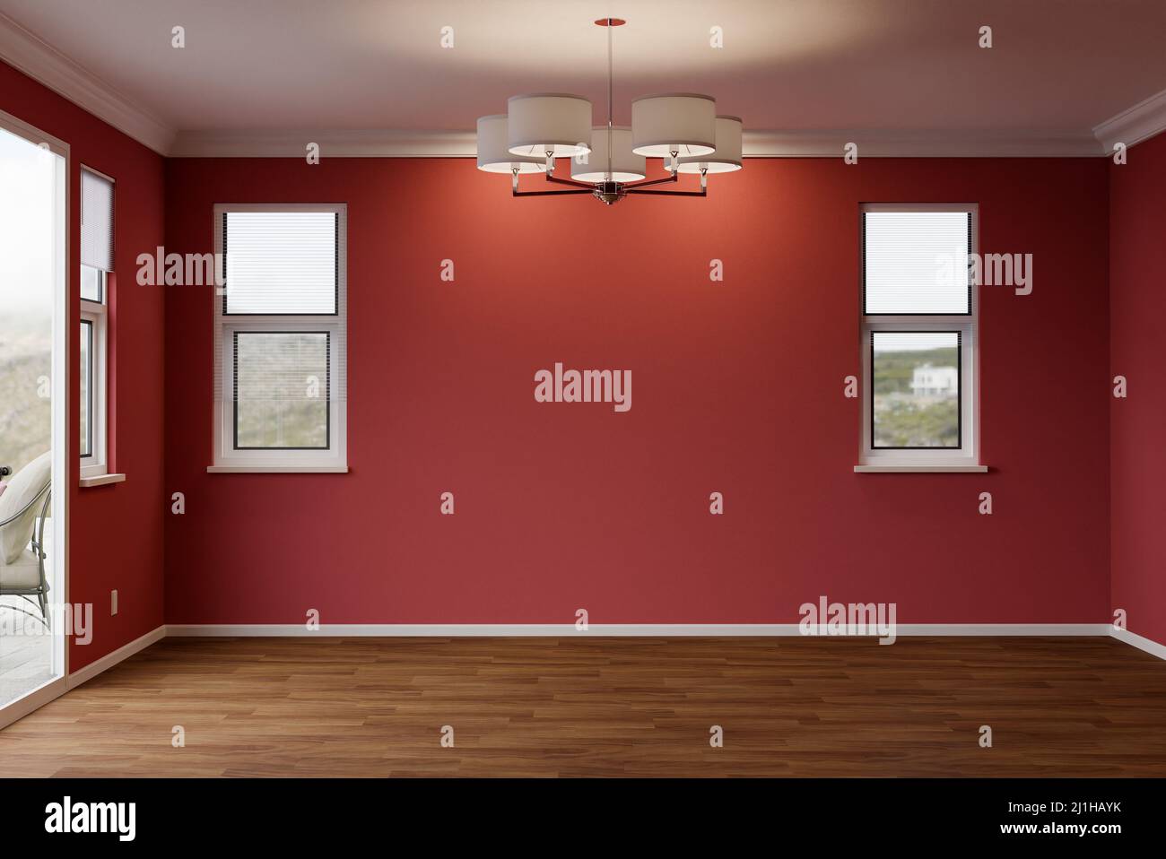 Newly Remodeled Room of House with Wood Floors, Moulding, Deep Red ...