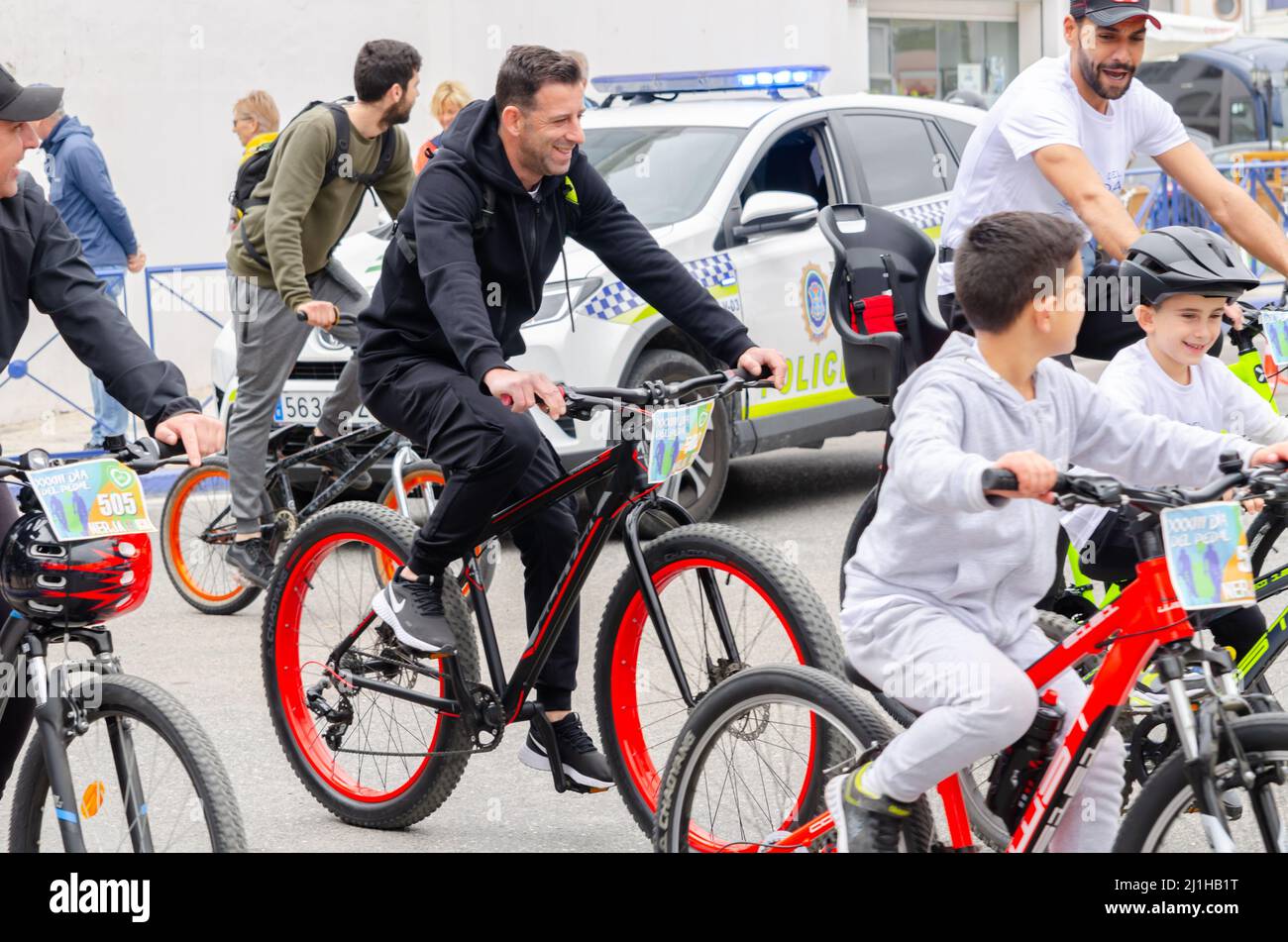 NERJA, SPAIN - 28 FEBRUARY 2022 Spanish Bicycle Day, promoting a ...