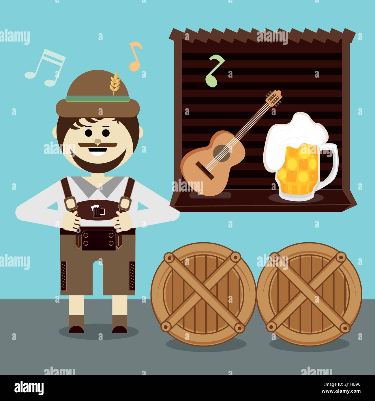 Isolated male cartoon with german clothes and beer wooden barrels ...
