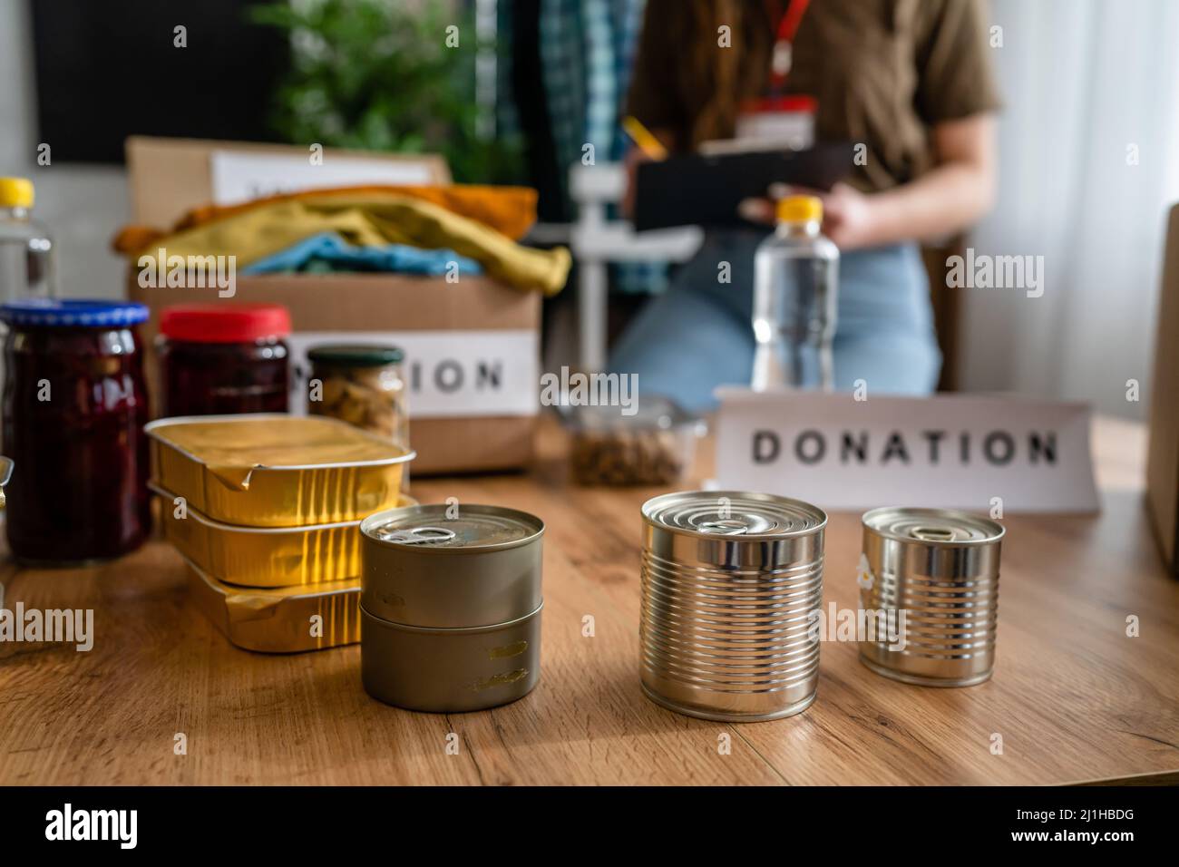 Close up on canned food on the table ready for donation at the charity ...