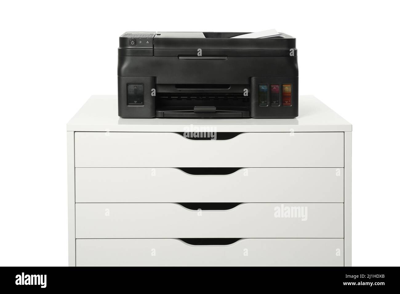 Chest of drawers with modern printer on white background Stock Photo ...