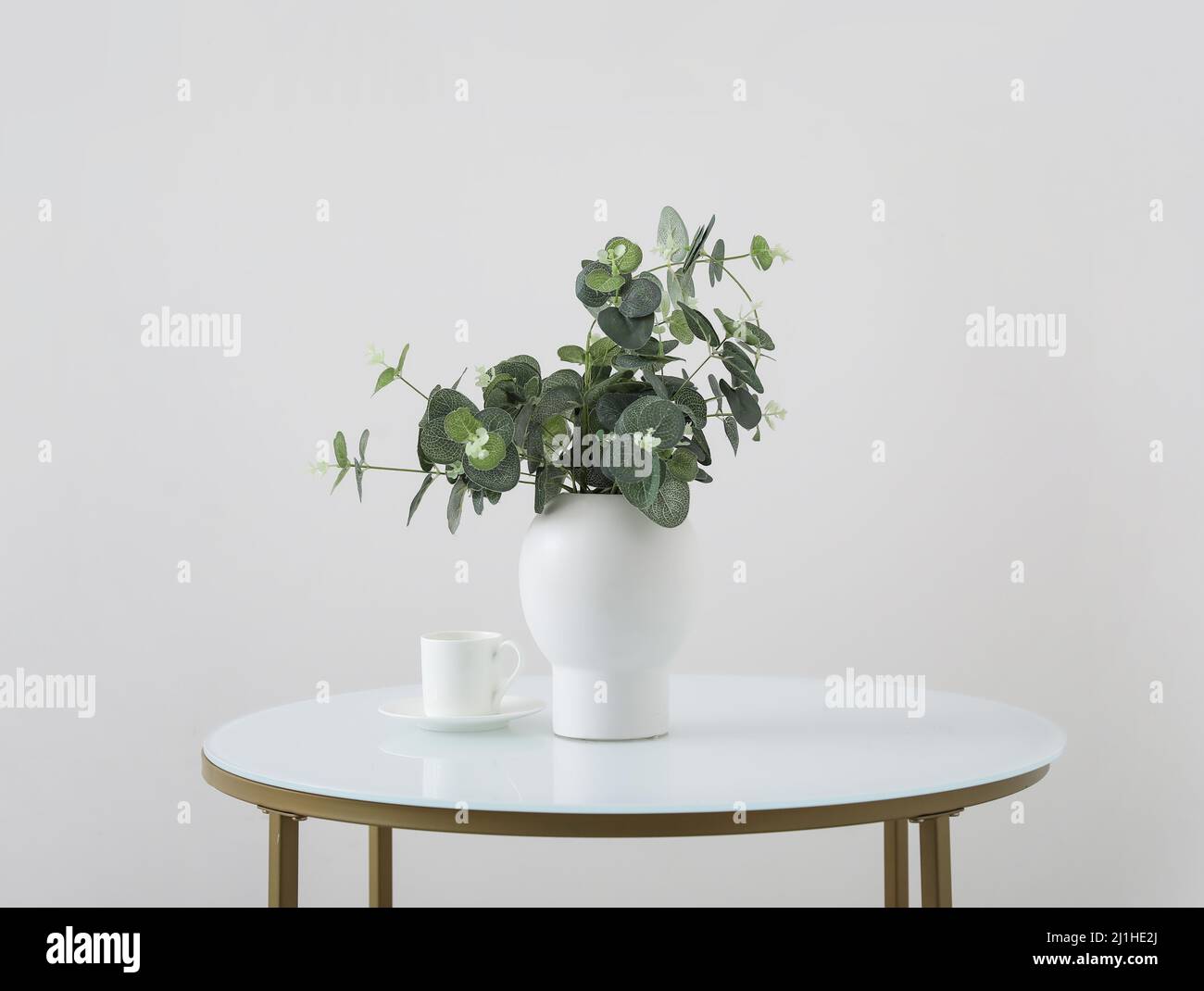 Modern table with houseplant in interior of light room Stock Photo - Alamy