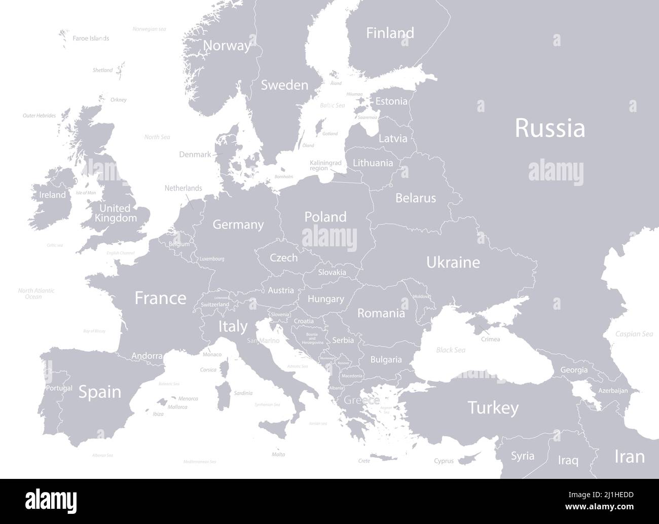 Europe with parts of Asia, gray white detailed map, individual states ...
