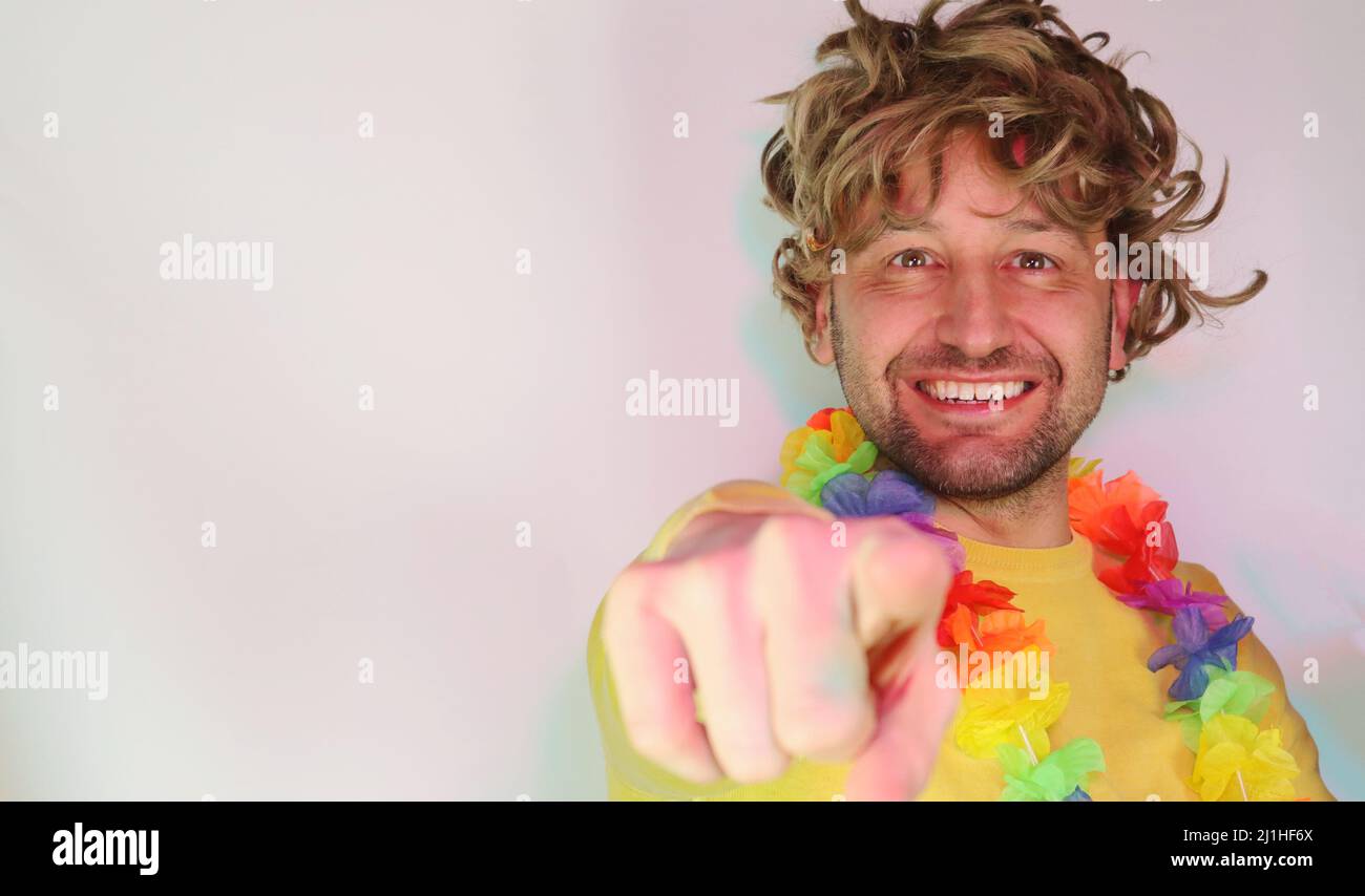 I Pick You. Portrait of excited young man pointing index fingers at ...