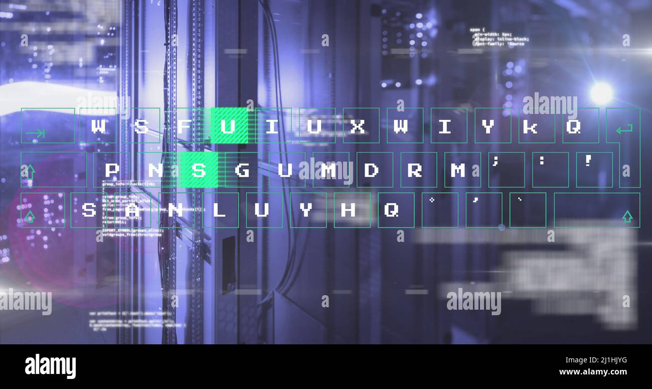 Image of data processing and keyboard over server room Stock Photo - Alamy