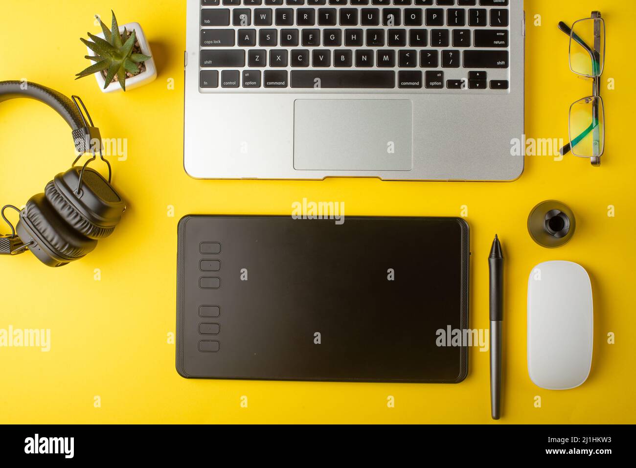 Top view of the workplace designer. Creative designer, graphics tablet ...