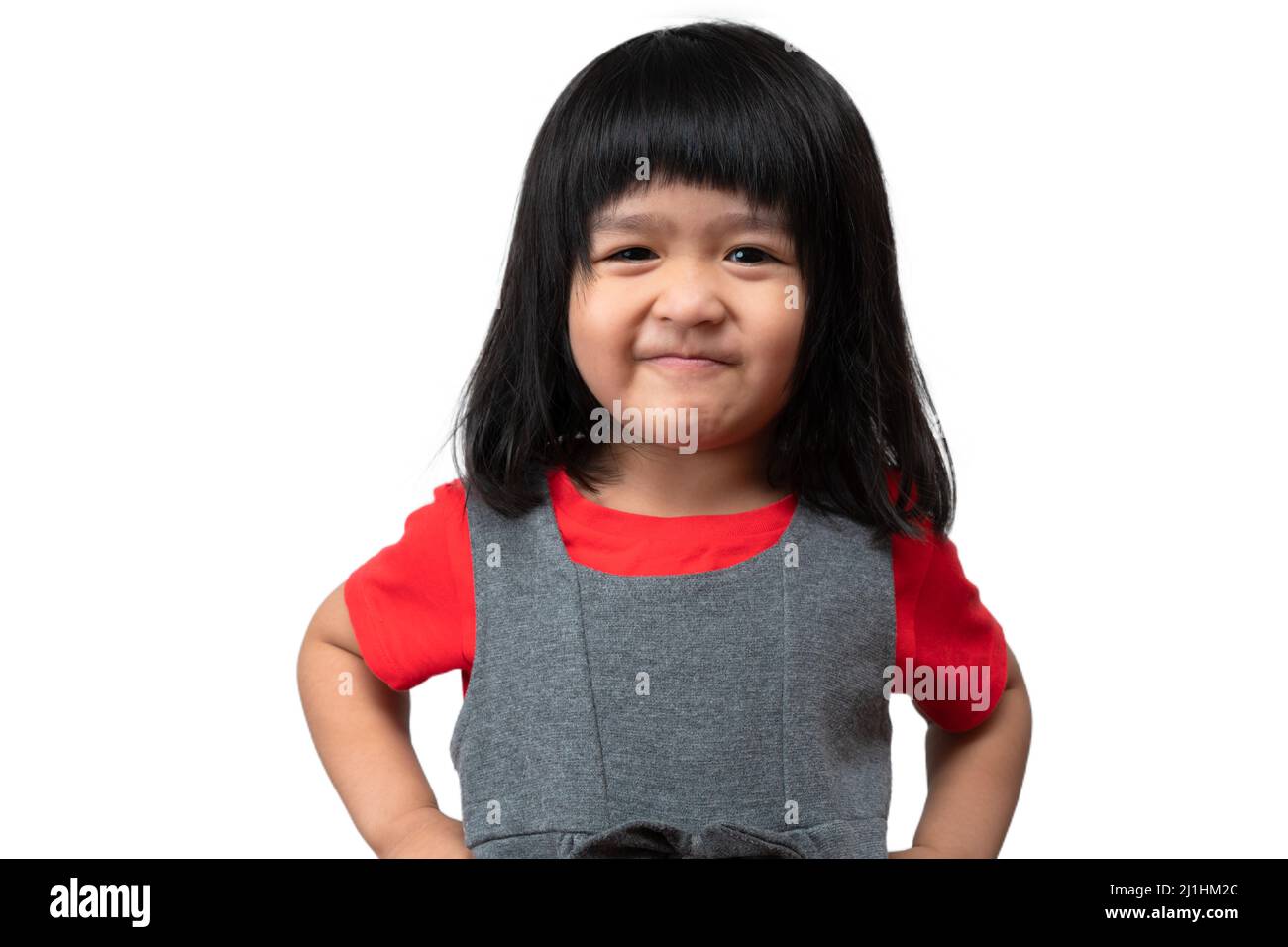 Portrait of happy and funny Asian child girl on white background, a ...