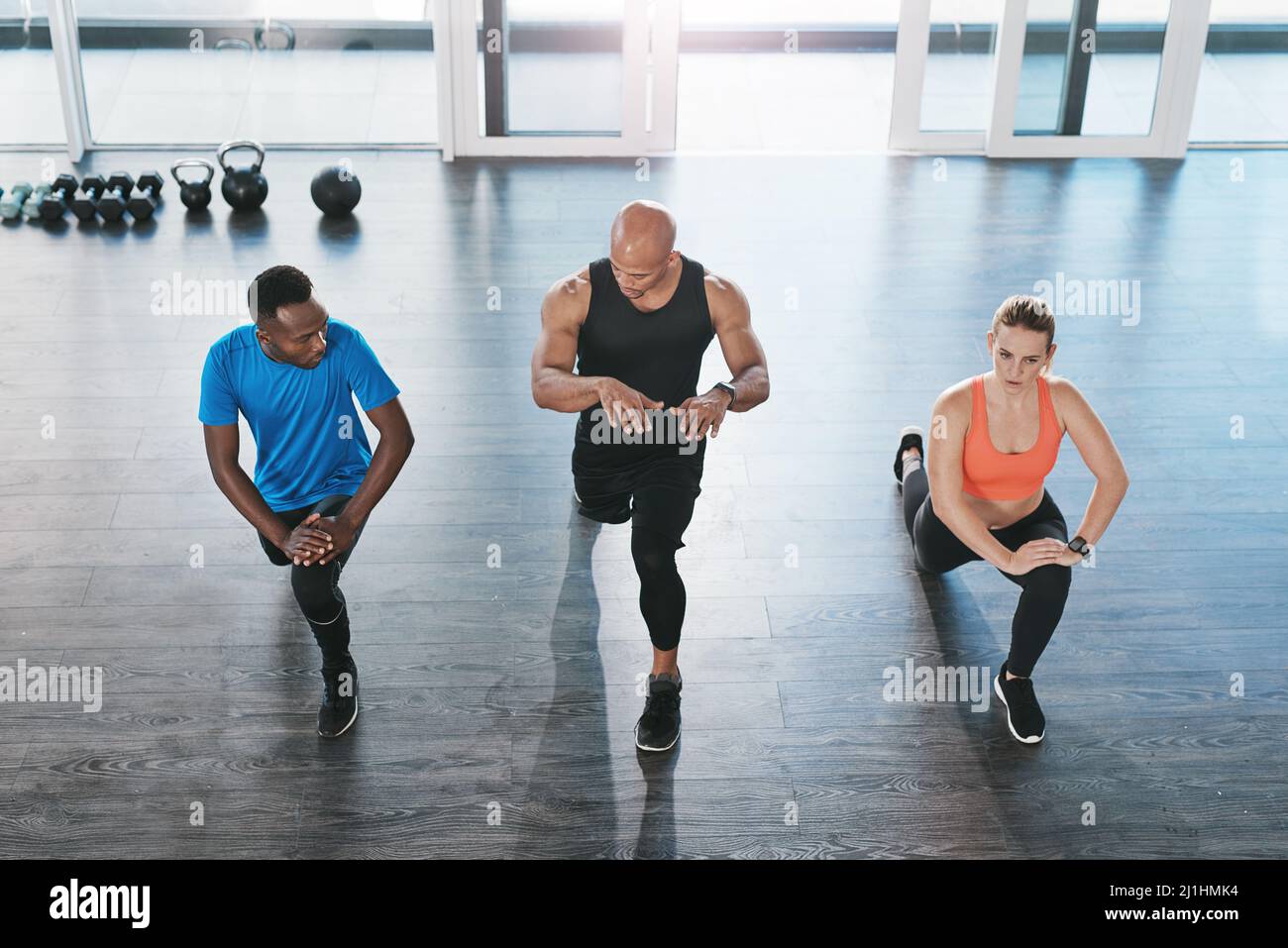 Demonstrating the correct posture. Shot of people working out in the ...