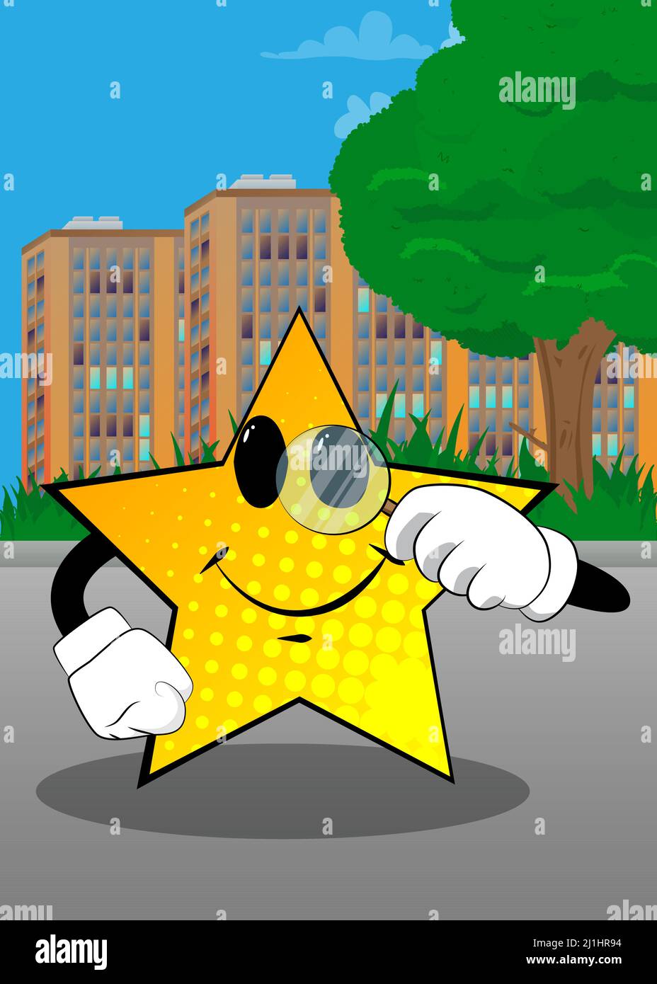 Star holding a magnifying glass. Funny and cute cartoon character, with ...