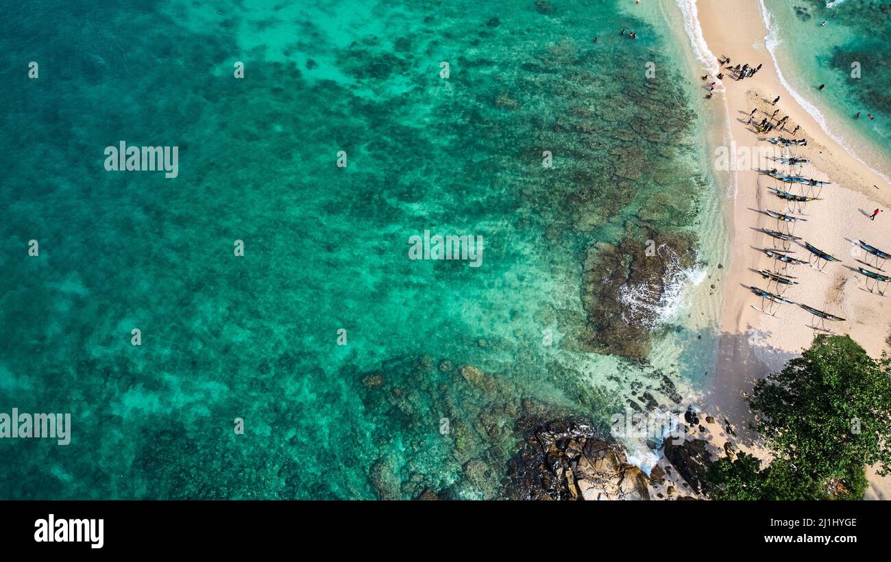 Aerial view of blue beach island. Drone view of the beaches of Sri ...