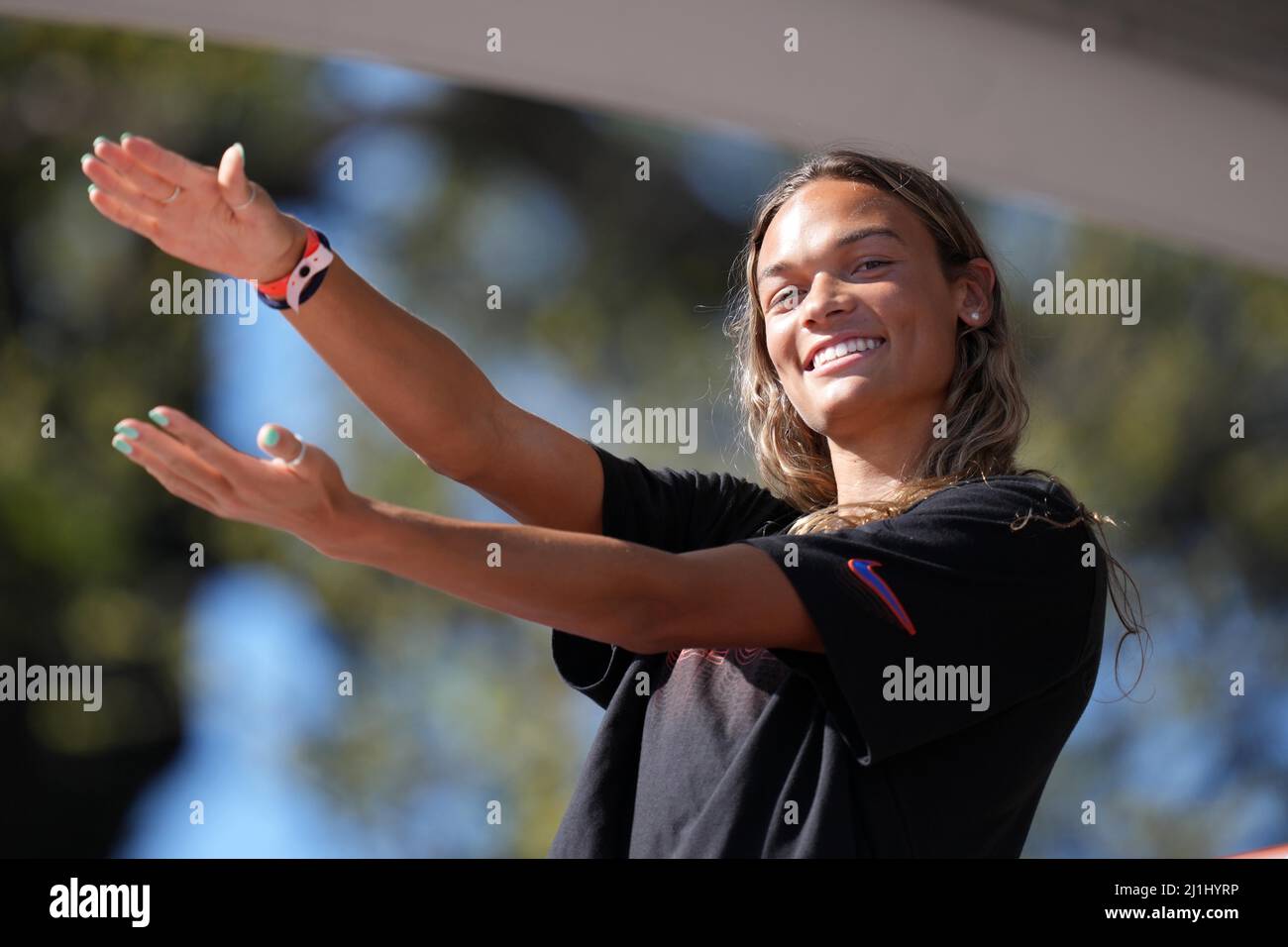 Anna Hall of Florida reacts after winning the heptahtlon during the ...