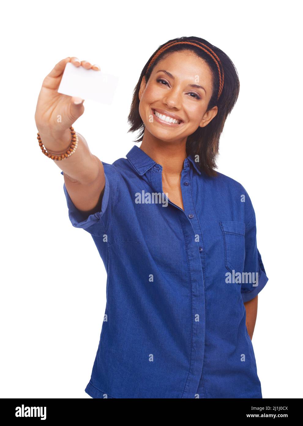 Check it out. An african-american woman showing you a blank card while ...