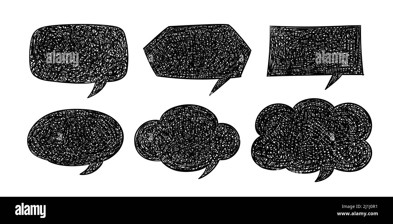 Doodle hand-drawn set of message communication bubbles on white ...