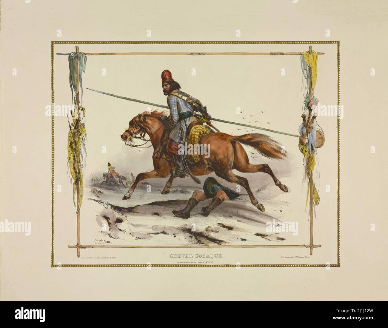 Lithography of Horses and riders: Don cossack on horseback with with a ...